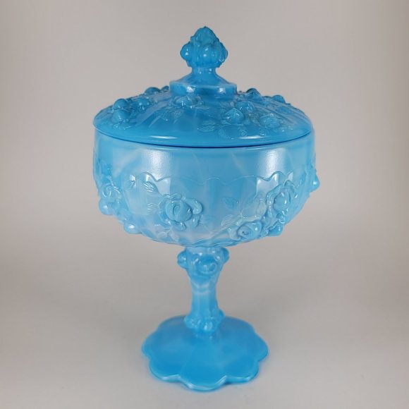 Fenton | Accents | Vtg Fenton Compote Pedestal Candy Box Blue Marble ...